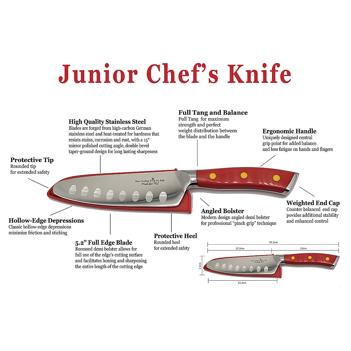 Cooking with Kids - Junior Chef's Knife for Kids (CRIMSON) - Full Tang, Tapered Demi-Bolster Design, High Performance German Stainless Steel: Real Cooking Tools for Children…