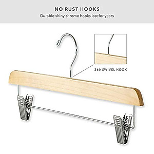 Farm House Collection Wooden Skirt Hangers, Adjustable Cushion Clips, Sturdy, 360 Degree Swivel Hook, 14" Long, Pants, Skirts, Slacks, Shorts (Natural Wood)