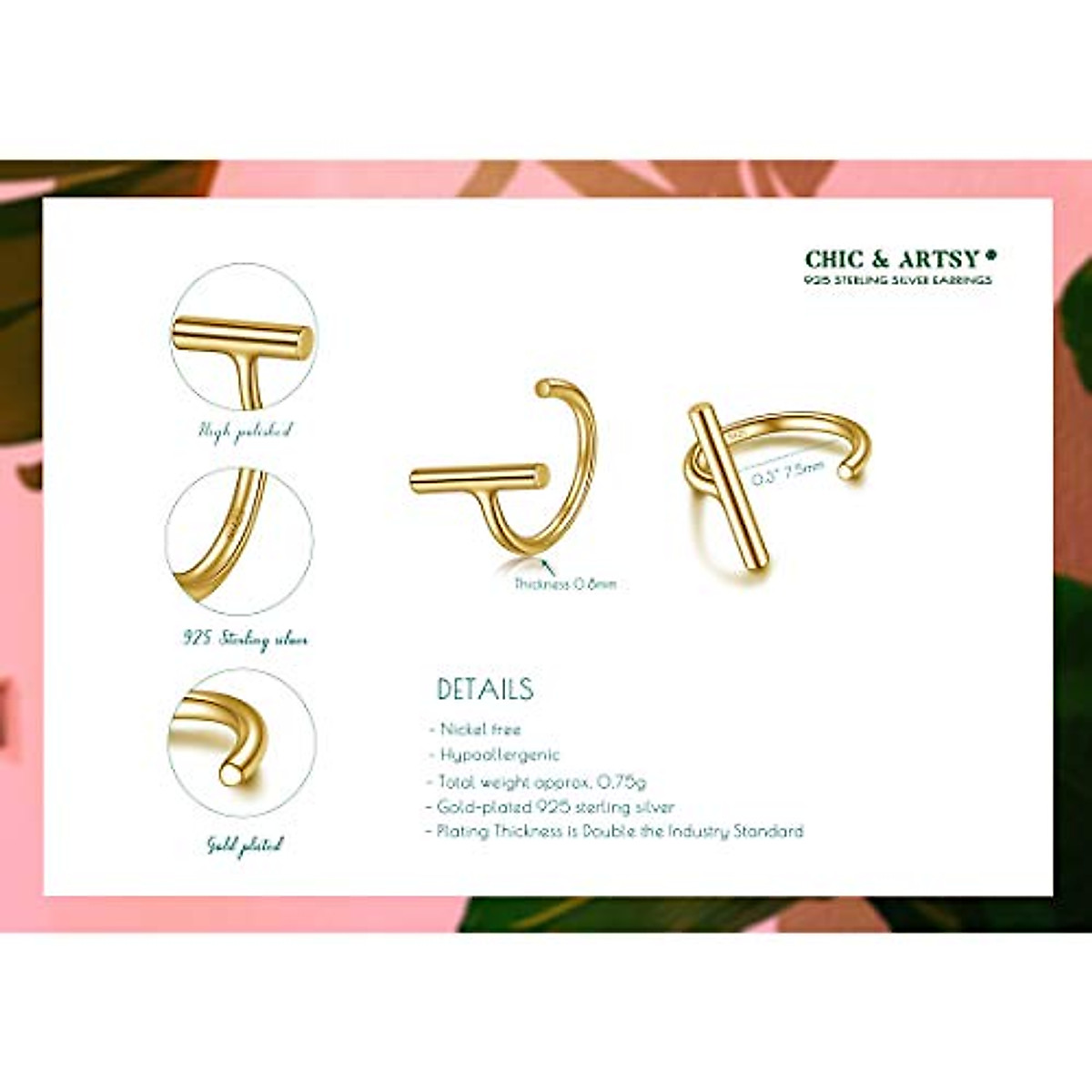 Half Hoop Earrings Gold Plated 925 Sterling Silver Bar Huggie Hoop Earrings for Women Open Hoop Earrings Small Hugger Hoop Earrings