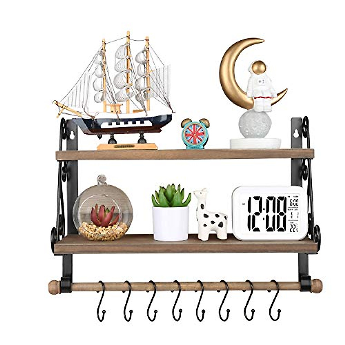 Halcent Floating Shelves Wall Mounted Storage Shelves, 2-Tier Rustic Farmhouse Wood Wall Shelf Kitchen Spice Rack Bathroom Shelf with Towel Bar and 8 Hooks