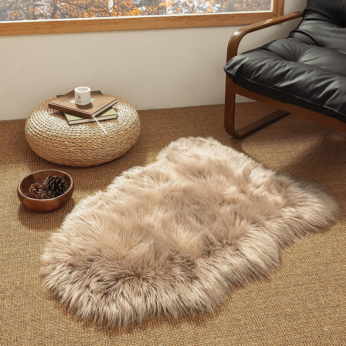 Ashler Faux Fur Rug, Beige Area Rugs, Fluffy Sheepskin Fur Rug, Fuzzy Ultra Soft 2 x 3 Ft Rugs, Machine Washable Shag Rug, Nursery Throw Rugs for Bed, Living, Kids Room