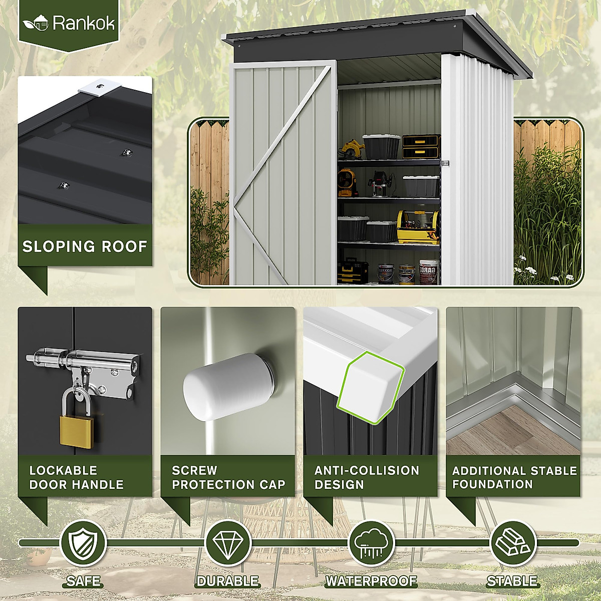 Rankok 5ft x 3ft Outdoor Storage Shed Metal Shed House with Sloping Roof Tool Shed for Courtyard or Garden Storage of Equipment, Supplies, Toys (White)