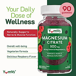 YUM-V'S Magnesium Citrate Gummies - 900mg Magnesium Citrate (102mg of Elemental Magnesium) Highly Absorbable Citrate, Supports Nerve, Enzyme & Muscle Function - 90 Count