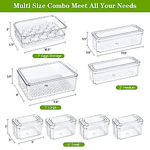 8 Pack Fridge Organizer with Egg Holder, PBA-Free Refrigerator Organizer Bins with Lids, Stackable Plastic Pantry Organizer Bins for Kitchen, Countertops, Cabinets, Fridge, Fruits, Vegetable, Cereals