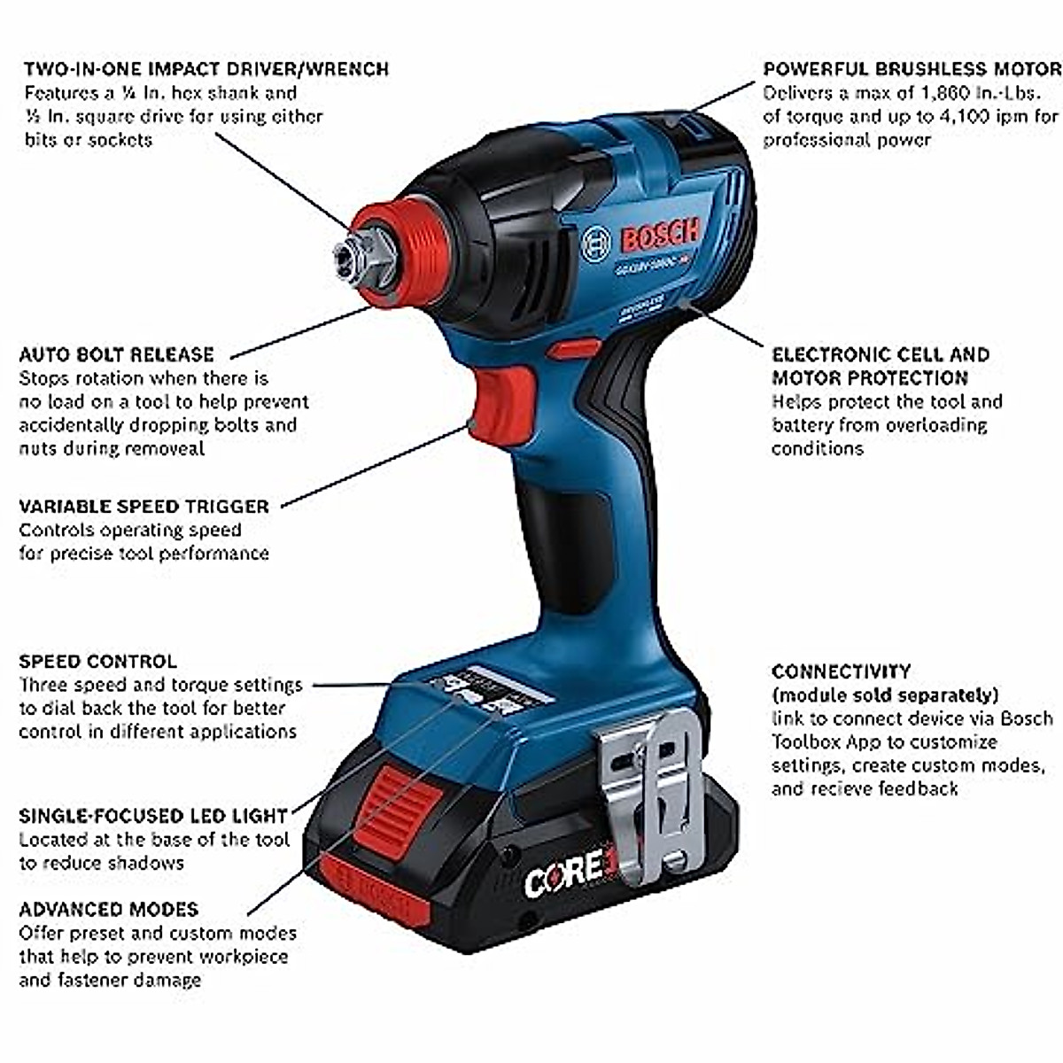 BOSCH GDX18V-1860CB23 18V Connected-Ready Two-In-One 1/4 In. and 1/2 In. Bit/Socket Impact Driver/Wrench Kit with (1) CORE18V® 4 Ah Advanced Power Battery and (1) 2 Ah Standard Power Battery