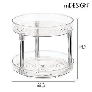 mDesign 2 Tier Lazy Susan Turntable Food Storage Container for Cabinets, Pantry, Fridge, Countertops - Raised Edge, Spinning Organizer for Spices, Condiments - 9" Round, 2 Pack - Clear/Chrome