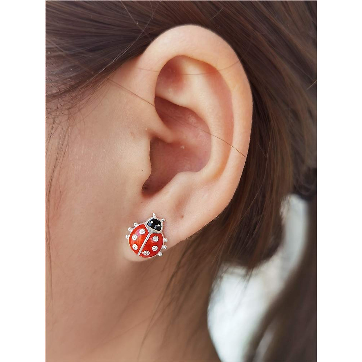 Cute Ladybug Tiny Stud Earrings for Women Girls 925 Sterling Silver Hypoallergenic Dainty Red Bugs Black Head Small Lucky Post Tragus Fashion Animal Jewelry Birthday Christmas Gifts for Daughter