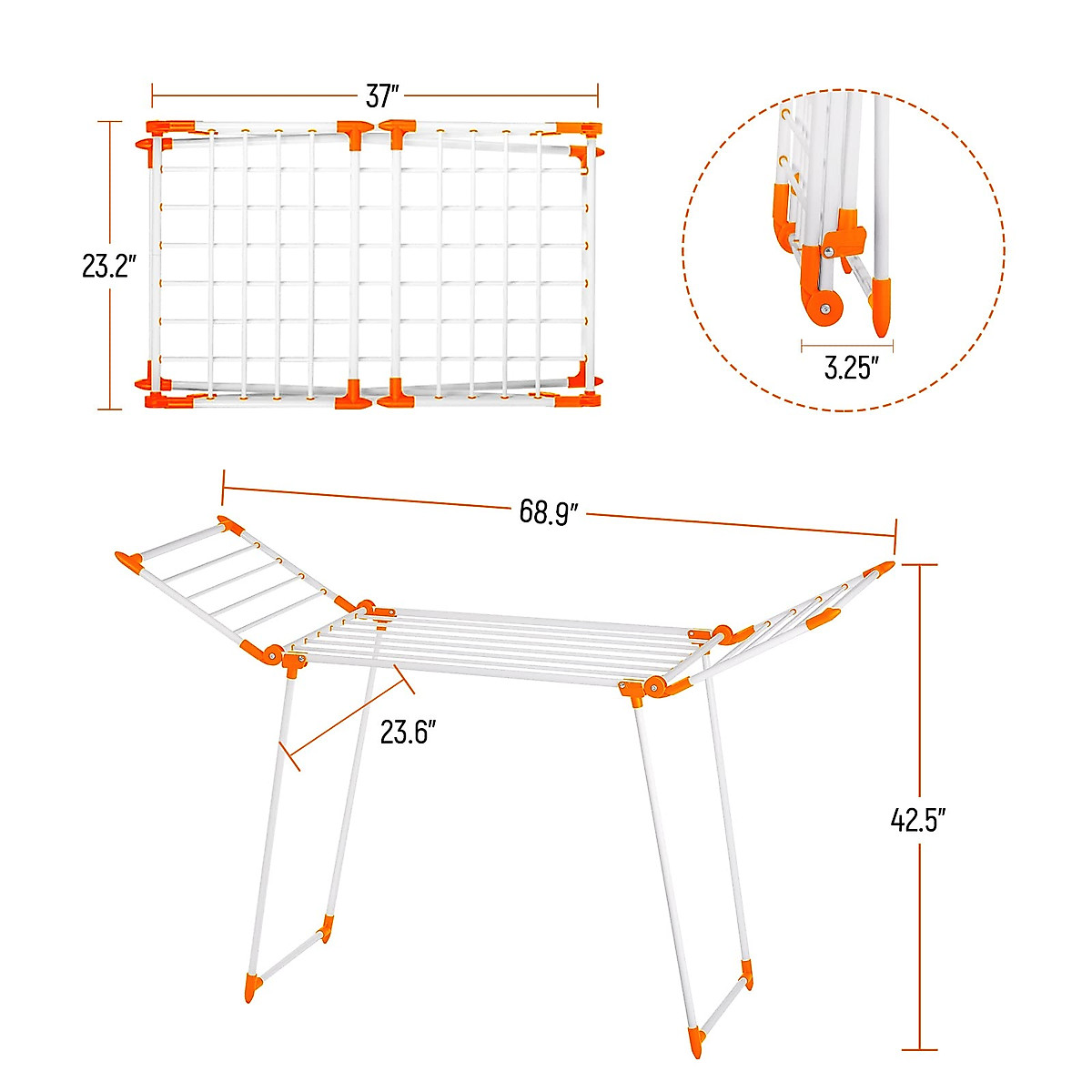 YUBELLES Clothes Drying Rack, Gullwing Laundry Rack, Collapsible, Space-Saving Laundry Rack, with Bonus Sock Clips, for Clothes, Towels, Linens, Indoor/Outdoor, Orange