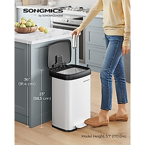 SONGMICS Kitchen Trash Can, 13 Gallon (50 L) Stainless Steel Garbage Can, with Stay-Open Lid and Step-on Pedal, Soft Closure, Tall, Large and Space-Saving, White and Black ULTB530W50