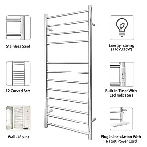 KEG Towel Warmer Wall Mounted with Built-in Timer 12 Bars Electric Stainless Steel Heated Towel Racks for Bathroom, Hot Plug-in Bath Towel Heater Polish Chrome