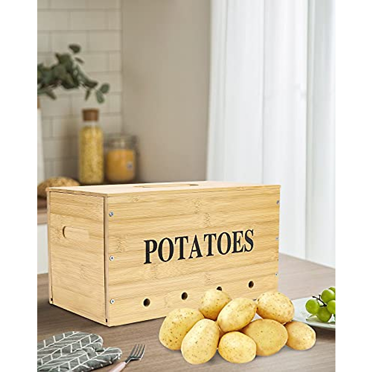 Xbopetda Potato Storage, Bamboo Storage Bin for Potato, Kitchen Storage Canister with Wooden Lid & Aerating Storage Holes - Kitchen Pantry Organizer Box Fruit Vegetable Fresh Keeper (Needed Assemble)