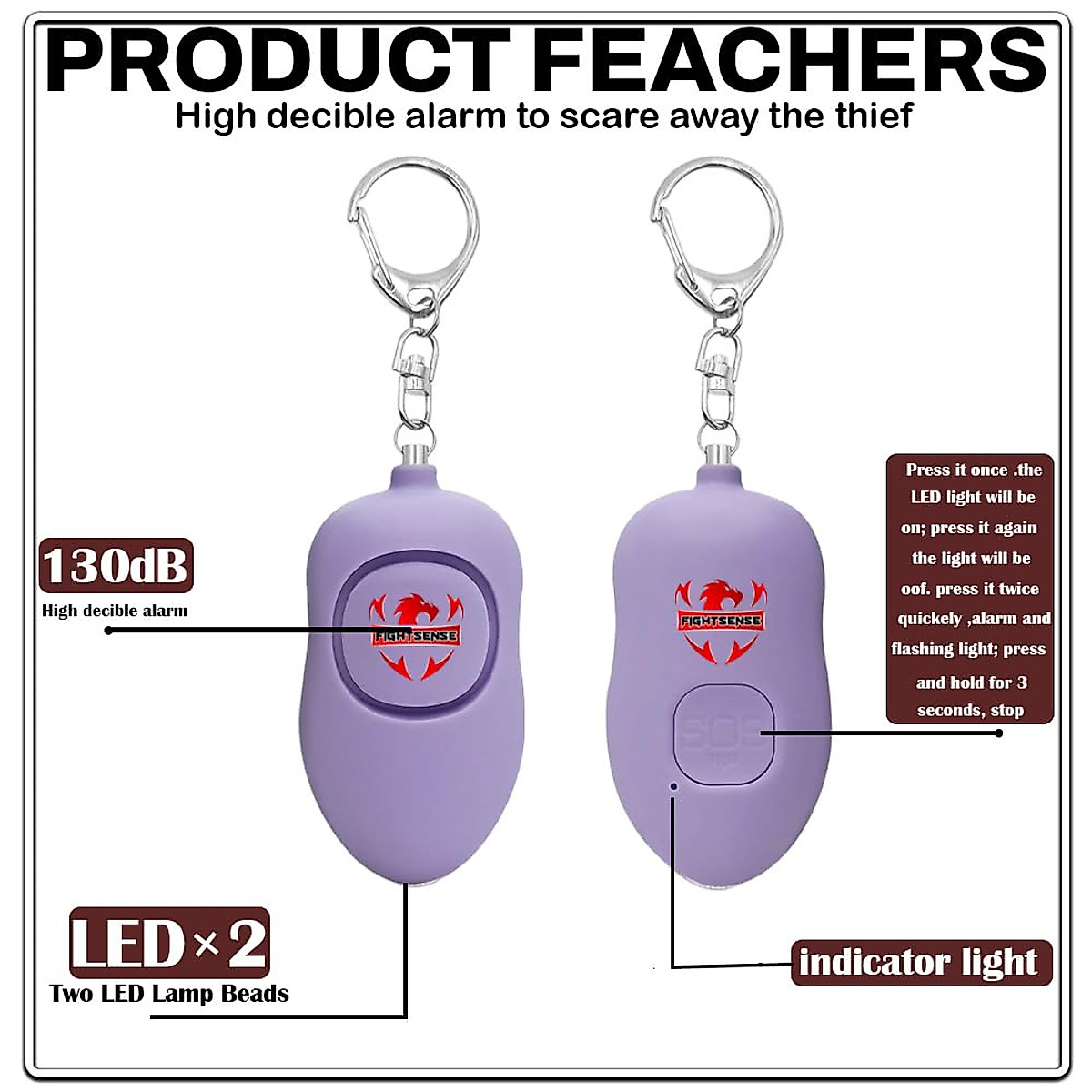 Fightsense Self Defense Pepper Spray Keychain and Personal Safety Alarm Keychain Set Combo Pack for Women Self Defense, 130db Loud Siren with LED Flashlight for Women,Children, Elders (Purple)