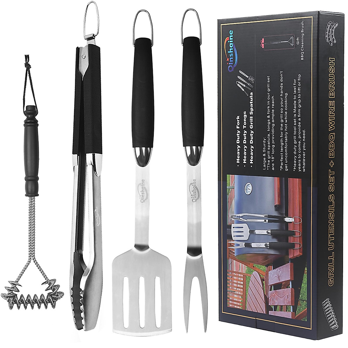 Qinshaine Barbecue Tool Set, BBQ Tools Set with Spatula, Tongs, Fork&Grill Cleaning Brush- The Ideal BBQ Gift Set for Men.4 -Piece (4pc)