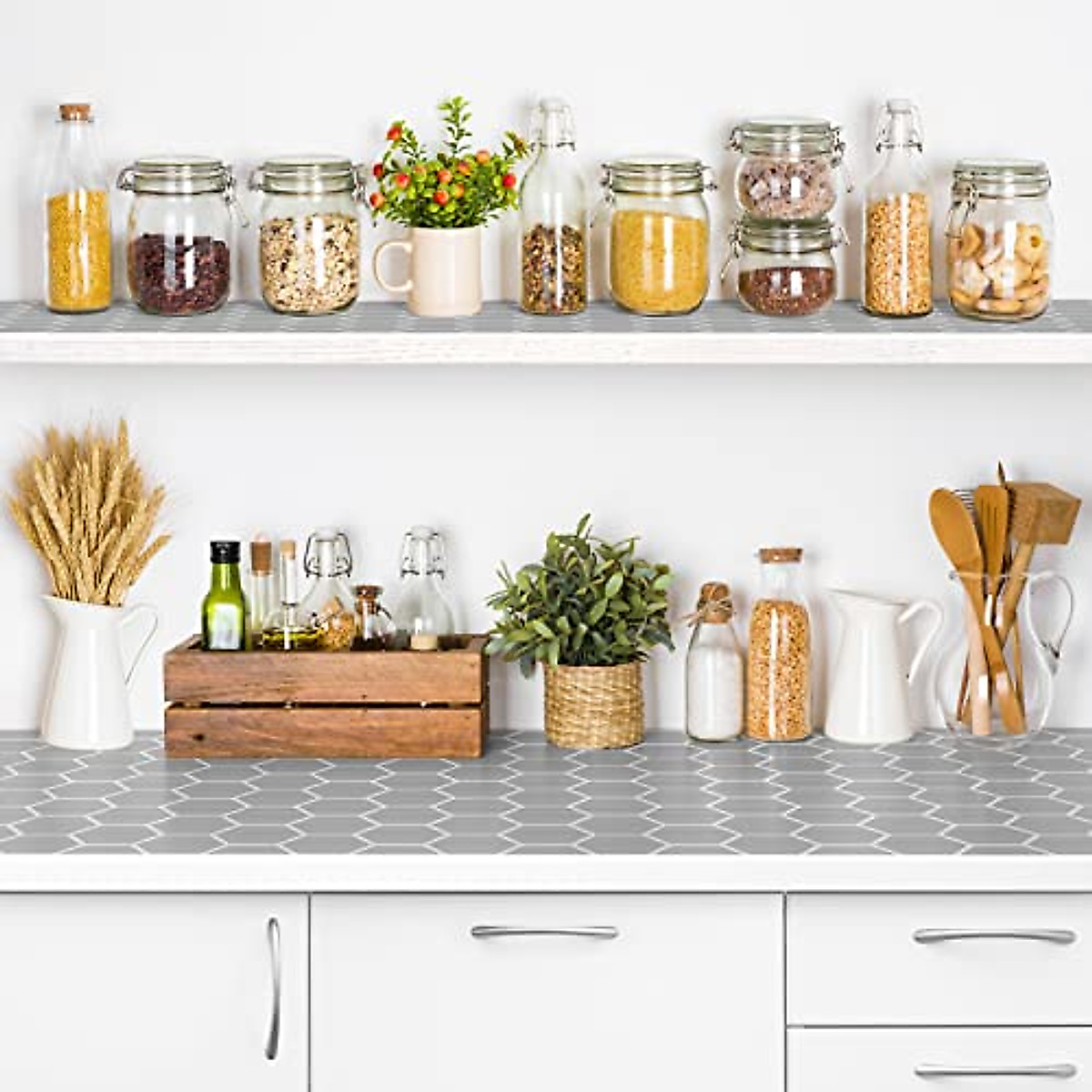 Glotoch Premium Non Slip Shelf Liner 12” X 20FT, Non Adhesive Drawer Liner, Waterproof Shelf Liners for Kitchen Cabinets, Drawer, Fridge, Wire Shelving, Pantry, Bathroom-Heavy Duty, Grey Geometric