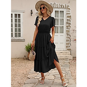 LILLUSORY Womens Cute Pleated Cotton Fancy Midi Dresses 2023 Summer Little Black Ladies Elegant Linen Curvy Short Ruffle Sleeves Flowy Tiered Long Maxi Dress