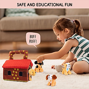 Plush Creations Talking Plush Dog House Carrier with 4 Soft & Cuddly, Talking & Barking, Stuffed Plush Dogs. Excellent Interactive and Educational Plush Toy Set. Great Gift for Kids Toddlers & Babies