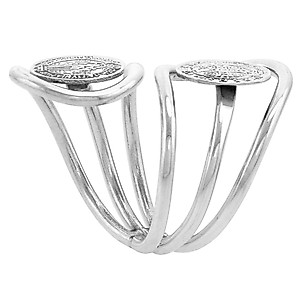 Sterling Silver St Benedict Ring for Women Wire Wrapped 2 Medals Bypass Handmade 1 1/4 inch long, size 7