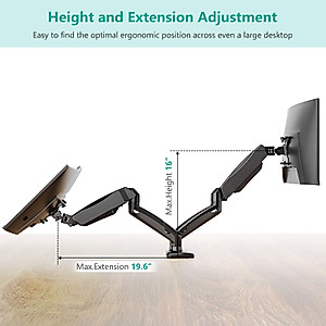 WALI Dual Monitor Stand Arms Mounts, for 2 Monitors, Fully Adjustable Gas Spring Desk Mount Swivel Mounting Holes Bracket with C Clamp, Grommet Base for Display Up to 32 Inch,19.8lbs. (GSMP002), Black