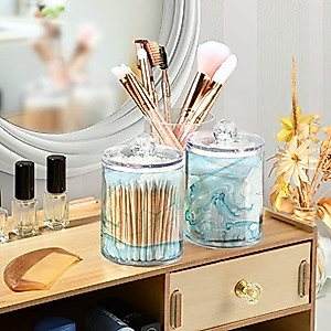 2 Pack Qtip Holder Organizer Dispenser Light Blue Marble Bathroom Storage Canister Cotton Ball Holder Bathroom Containers for Cotton Swabs/Pads/Floss