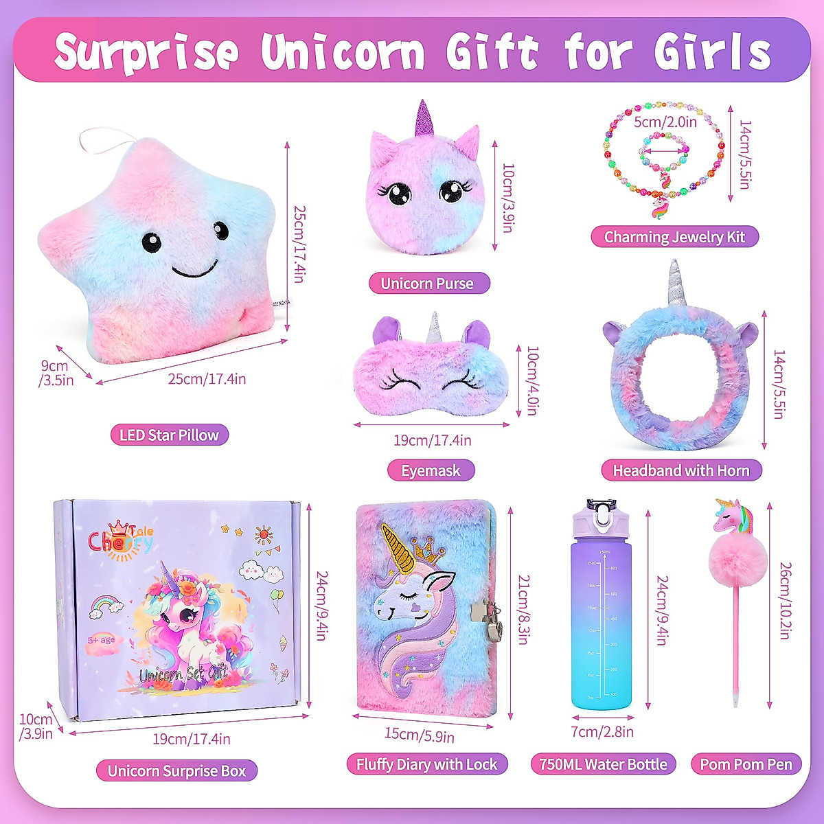 Cherry Tale Unicorns Gifts for Girls Age 6-8, Kids Unicorn Toy Set with Light Up Star Pillow Water Bottle Plush Diary Birthday for Girls Age 4 5 6 7 8 9 10