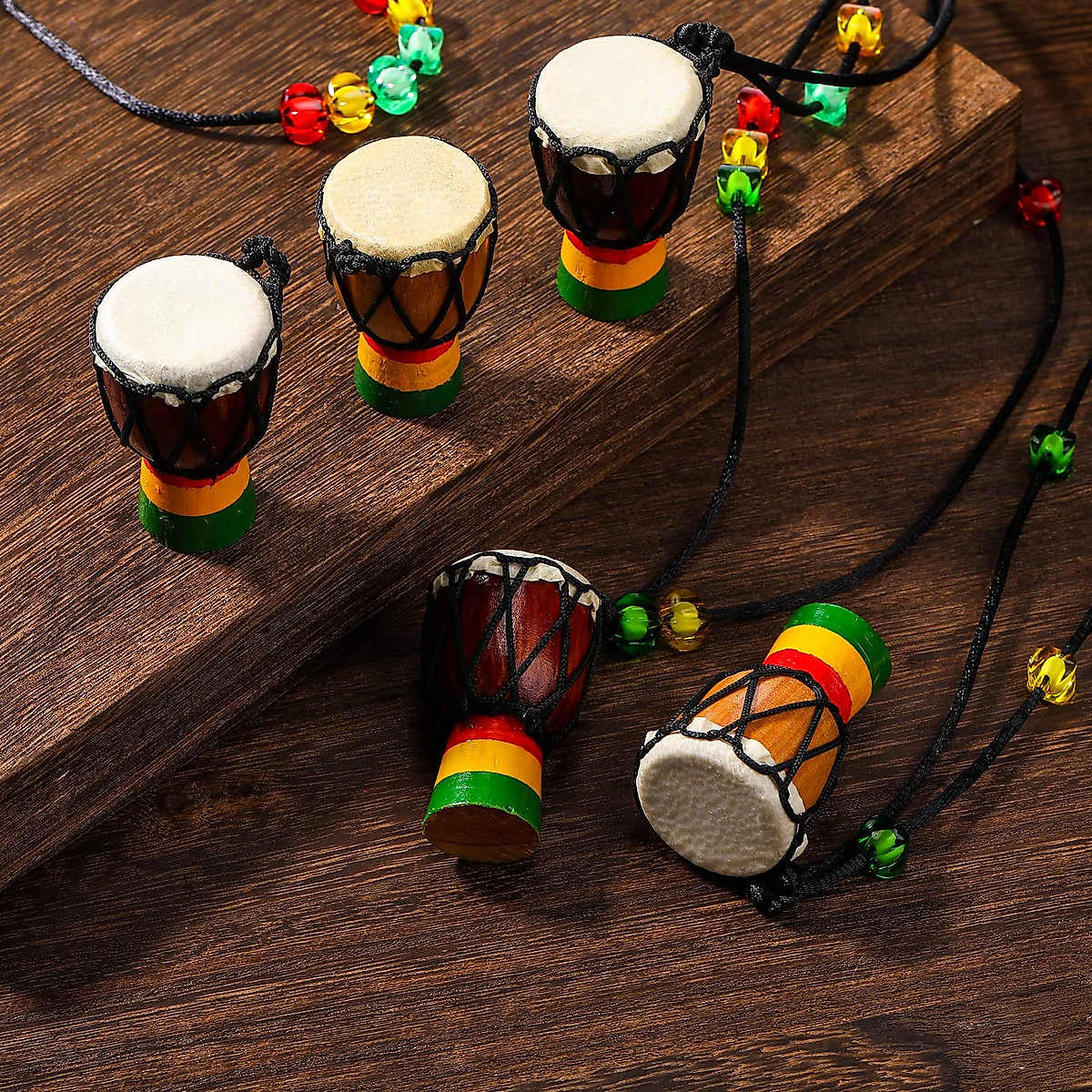 14 Pcs Djembe Drum Necklaces Hand Drum Necklaces Wooden Classic Mini Instrument Pendant African Drum African Bongos Percussion Necklace for Drum Circle Adults Dark Brown and Light Brown