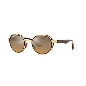 Ray-Ban RB3703M Scuderia Ferrari Collection Round Sunglasses, Gold/Brown Mirrored Grey Polarized, 51 mm