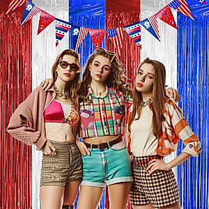 Yzurbu Red White & Blue Decorations, 3 Pack Tinsel Foil Fringe Backdrop Curtains and 2 Pack USA Flag Triangle Pennant Banner for 4th of July, Memorial Day, Labor Day, Patriotic Party