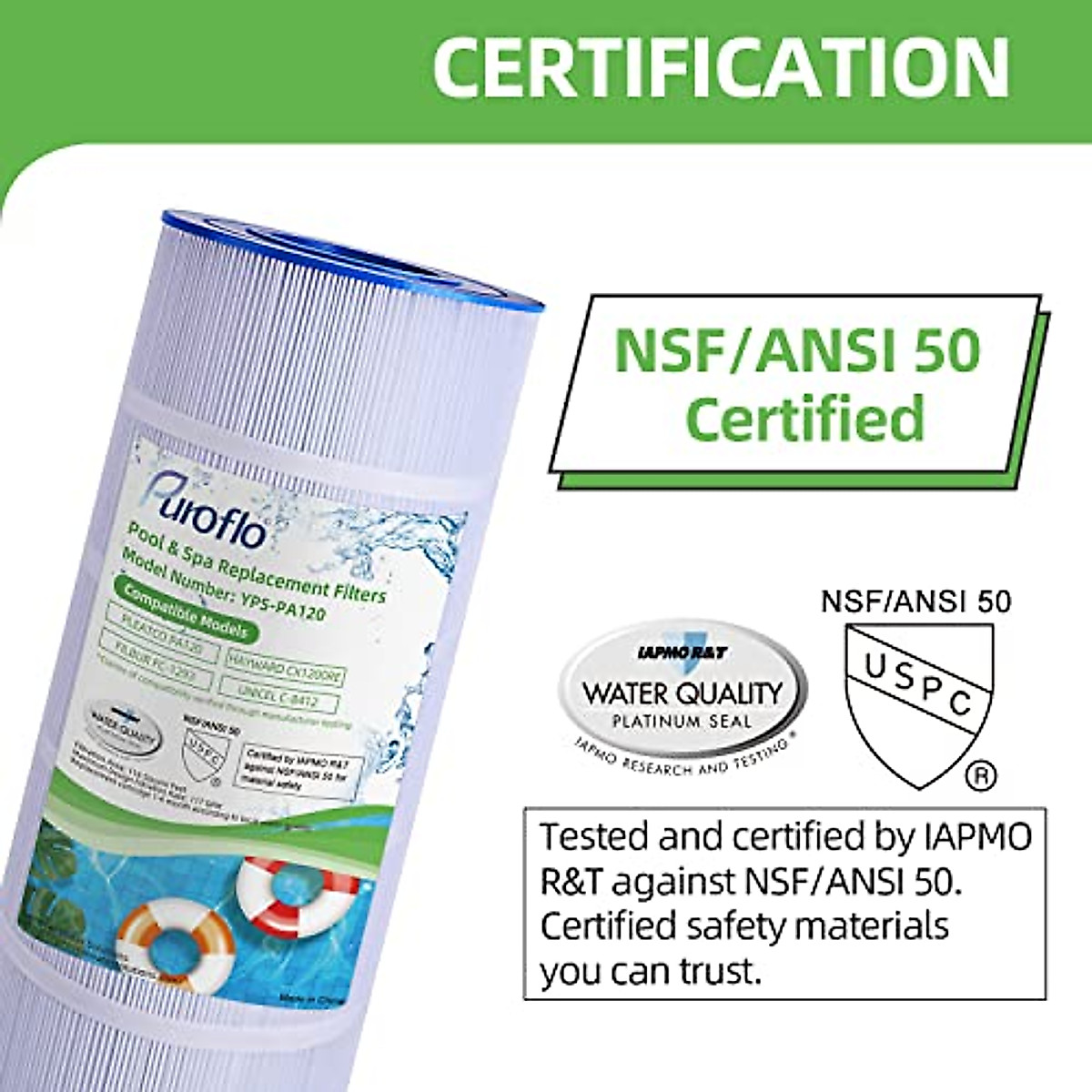 PUROFLO YPS-PA120 Pool Filter Replace for Hayward C1200, CX1200RE, Pleatco PA120, Unicel C-8412, Filbur FC-1293, Clearwater II 125, Waterway Pro Clean PCCF-125, 817-0125N Cartridge, 120 Sqft, 1 Pack
