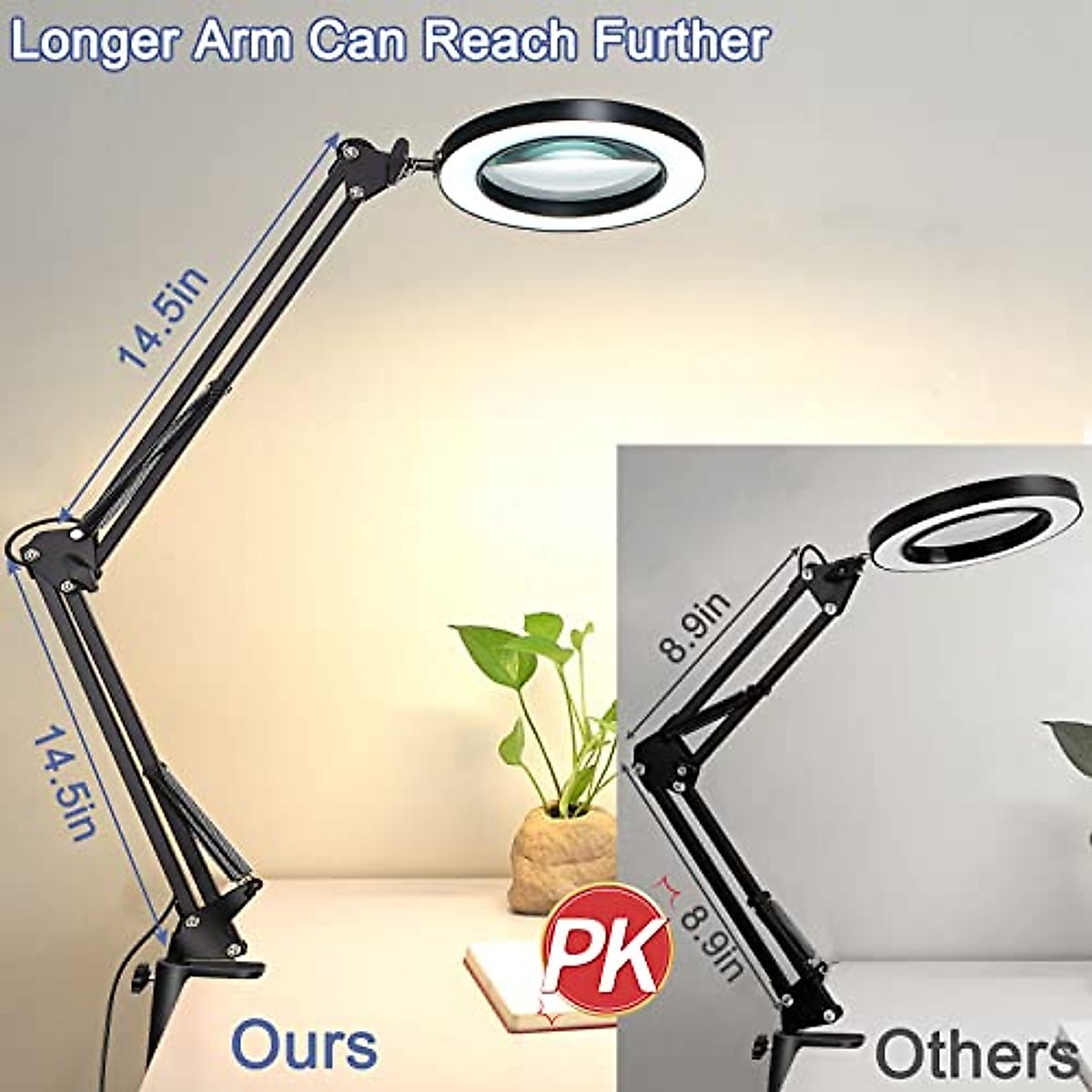 WYZGFRQS 2-in-1 Magnifying Glass with Light, 5X Magnifying Glass with Light and Stand & Clamp, Magnifying Lamp with 72 LED Lights, 3 Modes Stepless Dimmable, Adjustable Swivel Arm
