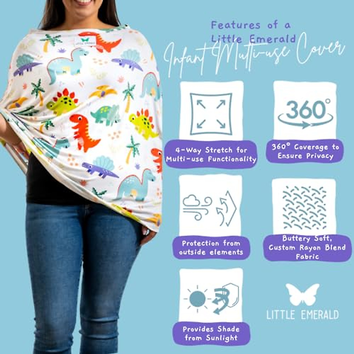 Little Emerald 7-in-1 Multi-use Cover - Privacy for Breastfeeding & Pumping, Baby Car Seat, Carrier, Stroller, High Chair, Shopping Cart, Lounger Canopy, Newborn Essentials (Dinosaur)