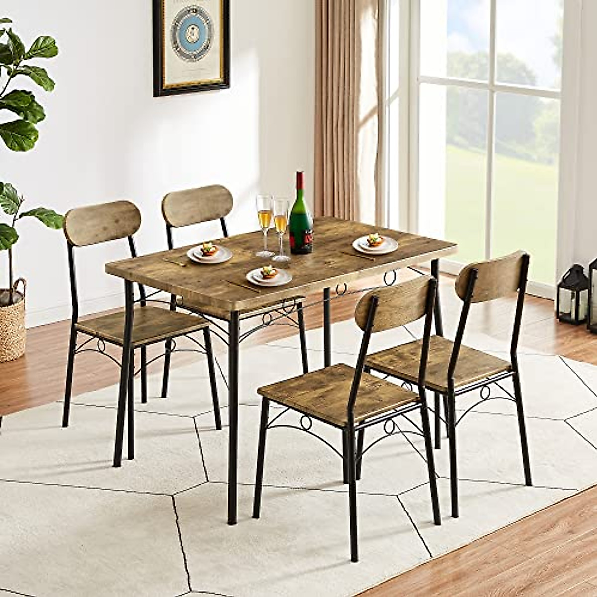 VECELO 5 Piece Dining Table Set, Metal and Wood Rectangular Kitchen Bar Breakfast Nook, Dinette with 4 Chairs, Room, Brown