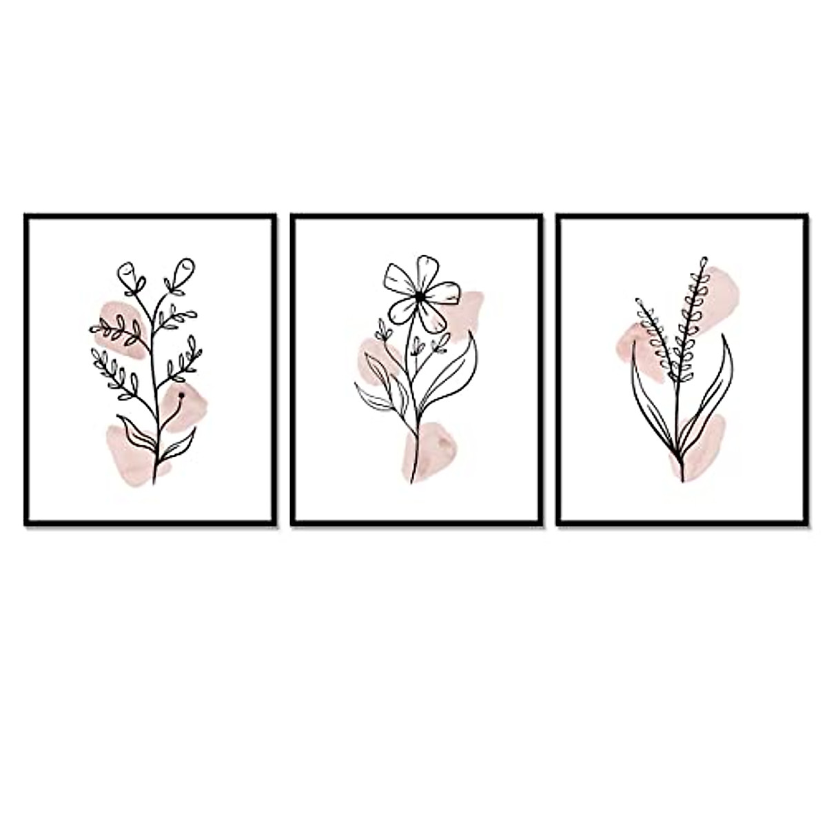 Boho Botanical Prints, Set of 3, Gallery Wall Art, Blush Pink Wild Flowers, Abstract Black Line, Floral Home Decor, Flower Print Set, Floral Line Art, 11x14inch Unframed