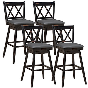 COSTWAY Bar Stool Set of 2, 360 °Swivel Counter Height 29.5 inch Bar Stool with Foot Rest Upholstered Cushion & Ergonomic Backrest, Premium Foot Rest & Sturdy Frame (4, Black + Grey)
