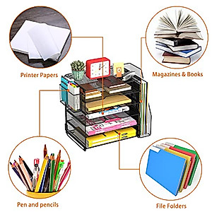 Samstar Mesh Desk Organizer, Paper Letter Tray with 5 Tier Racks Shelves,1 Extra Vertical File Sorter and Pen Holders for Office Supplies,Black
