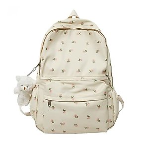 MININAI Cute Preppy Backpack with Pendant Floral Printed Patchwork Backpack Cottagecore Aesthetic Bag Kawaii Laptop Backpack (One Size,White)
