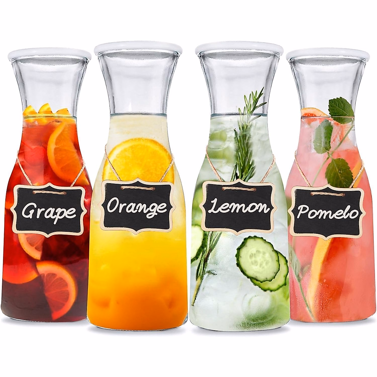 Set of 4 Glass Carafe Pitcher with Lid, Water Pitcher Set for Mimosa Bar Supplies, 1 Liter Beverage Dispensers, Bedside Water Carafe, Orange Juice Container, Catering Drink & Pitchers Parties