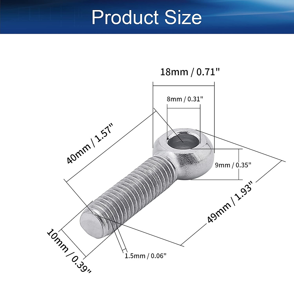 Yinpecly M10x40mm Eye Shape Bolt, Lifting Ring Eye Bolts, 304 Stainless Steel Fish Eye Bolt, 8mm x 18mm(IDxOD) Closed Rod Eye Screw Bolts Metric Thread, 2Pcs