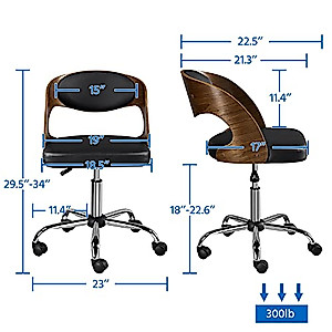 Yaheetech Home Office Desk Chair Modern Mid-Century Walnut Wood Chrome Finish Computer Chair Faux Leather Seat Height Adjustable Stool with 360° Swivel Wheels, Black