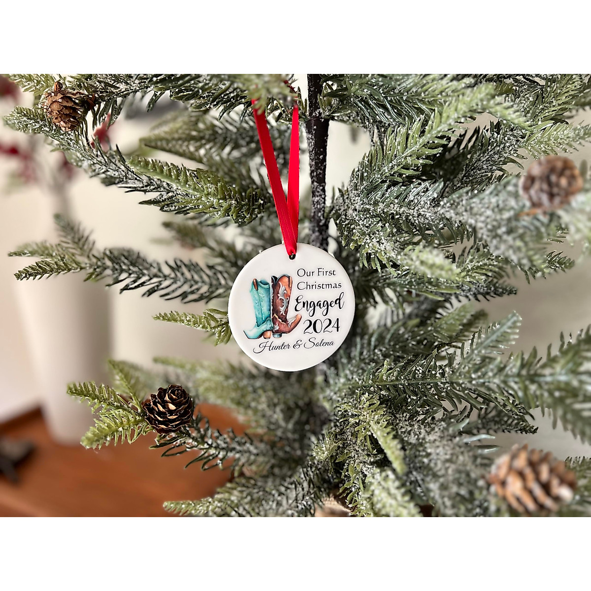 Engagement Ornament 2024, Our First Christmas Engaged, Personalized Tree Decoration, Western Couple Gift (Personalized)