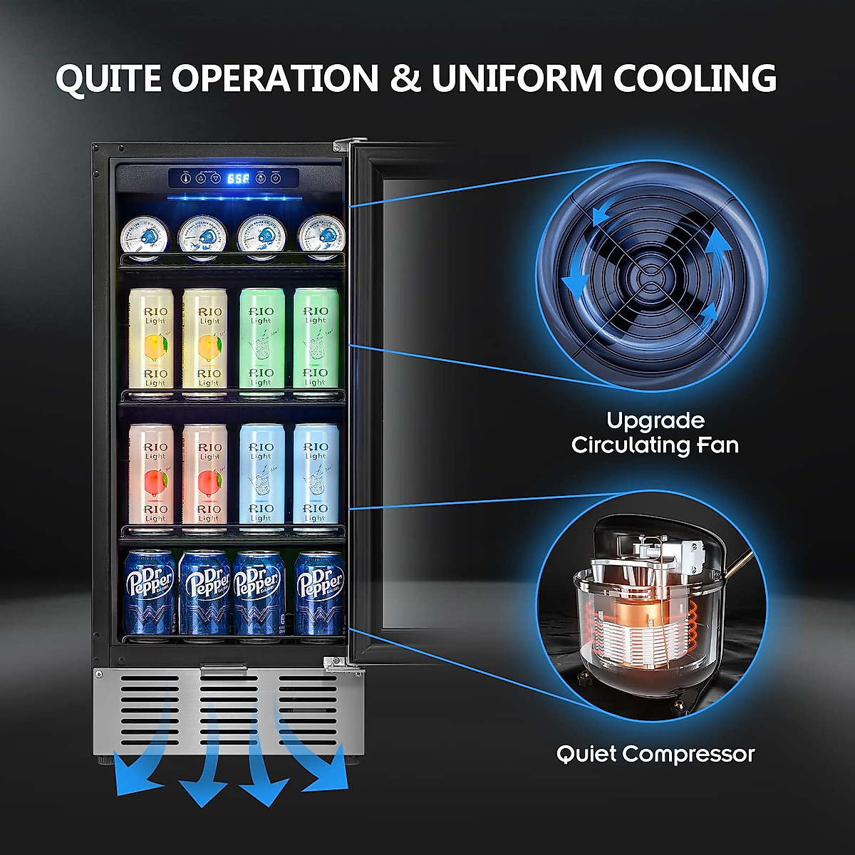 Karcassin 15 Inch Beverage Refrigerator, Beverage Cooler Under Counter, 126 Cans Quiet Beverage Fridge with Glass Door for Built-in or Freestanding With Temperature Memory Function