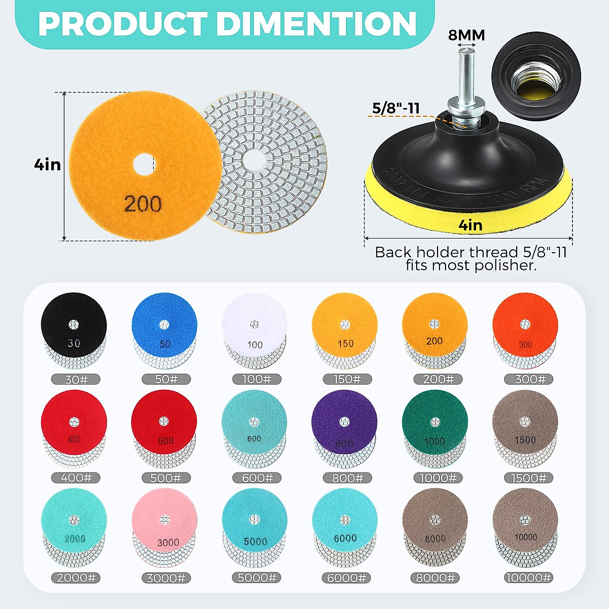 Blosssound 20 Pcs 4 Inch Diamond Polishing Pads with 5/8''-11 Backer Pad and Drill Bit Adapter Wet Dry Polish Pad Kit Granite Polishing Kit 30-10000 Grit Pads for Granite Marble Stone Polishing