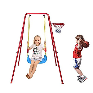 COLOR TREE Kids Swing Sets for Backyard - 2 in 1 Metal Swing Set + Basketball Hoop - Toddlers Swing Seat Playset for Outside and Inside - Boys Girls