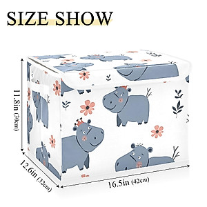 SUABO Large Collapsible Storage Bins with Lids & Handles,Cartoon Animals Seamless Hippo Rectangle Fabric Storage Organizer Boxes Baskets Closet For Clothes Toys