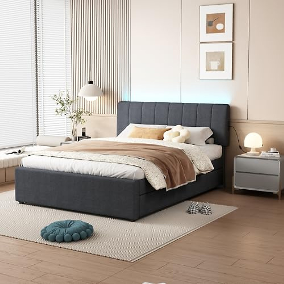 YOPTO Full Size Upholstered Platform Bed with Twin Size Trundle & USB Port,Linen Tufted Bed Frame W/Remote Control LED Light & Stripe Headboard,Wood Slats Support for Bedroom,Apartment,Dark Gray