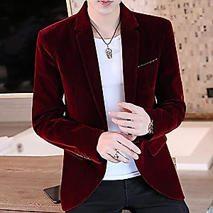 Men Vintage Velvet One Button Blazer Lightweight Solid Casual Sport Coat Single Breasted Slim Dinner Tuxedo Jacket (Red,X-Large)