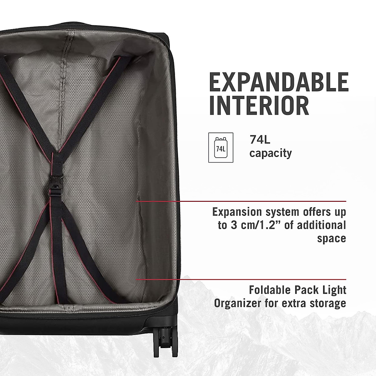 Victorinox Crosslight Large Softside Case - Large Travel Luggage with Spinner Wheels - Premium Traveling Essentials - Includes Foldable Pack Light Organizer - 74 Liter, Black