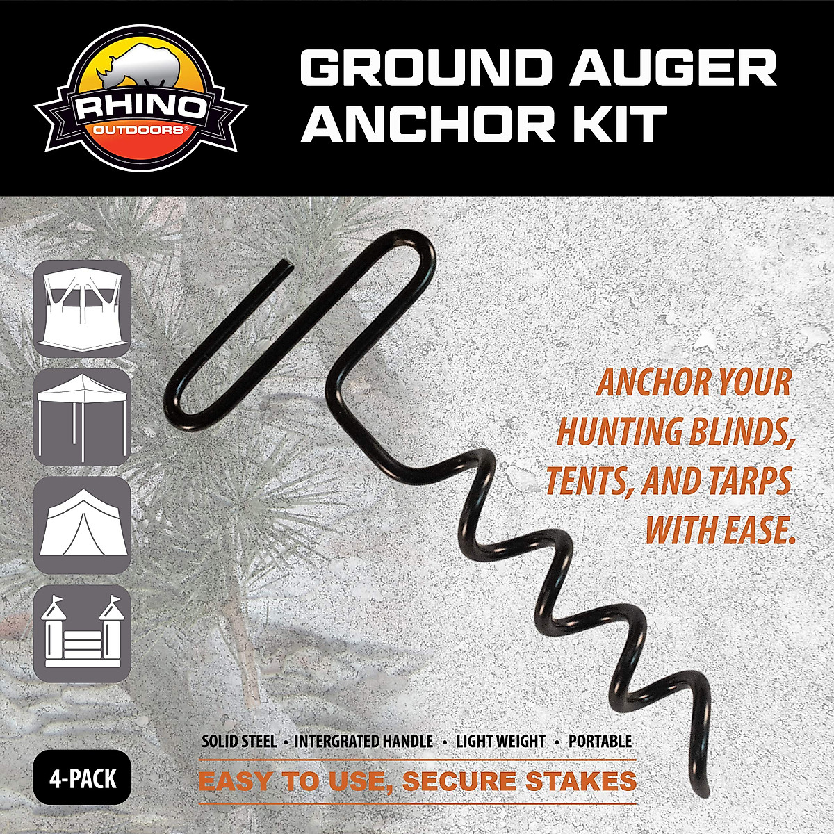 RHINO OUTDOORS Auger Stakes, Heavy Duty Tent Stakes for Blinds and Tarps, 4-Pack,Silver