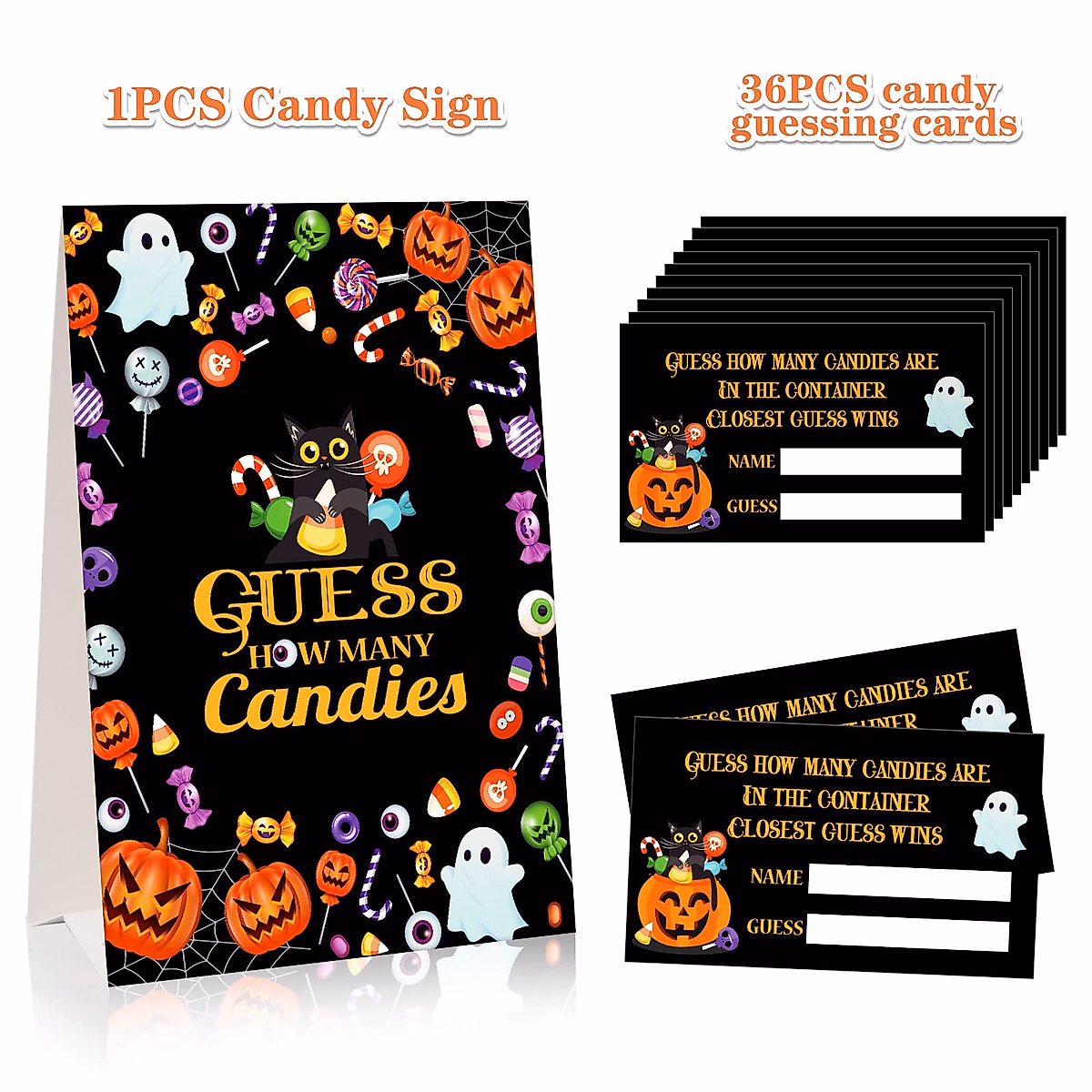 FaCraft Halloween Guess How Many Candies Games,36pcs Candies Guessing Game Cards Halloween Party Game for Kids Adults Halloween Guessing Candy Jar Card Ticket Birthday Halloween Party Favor Supplies