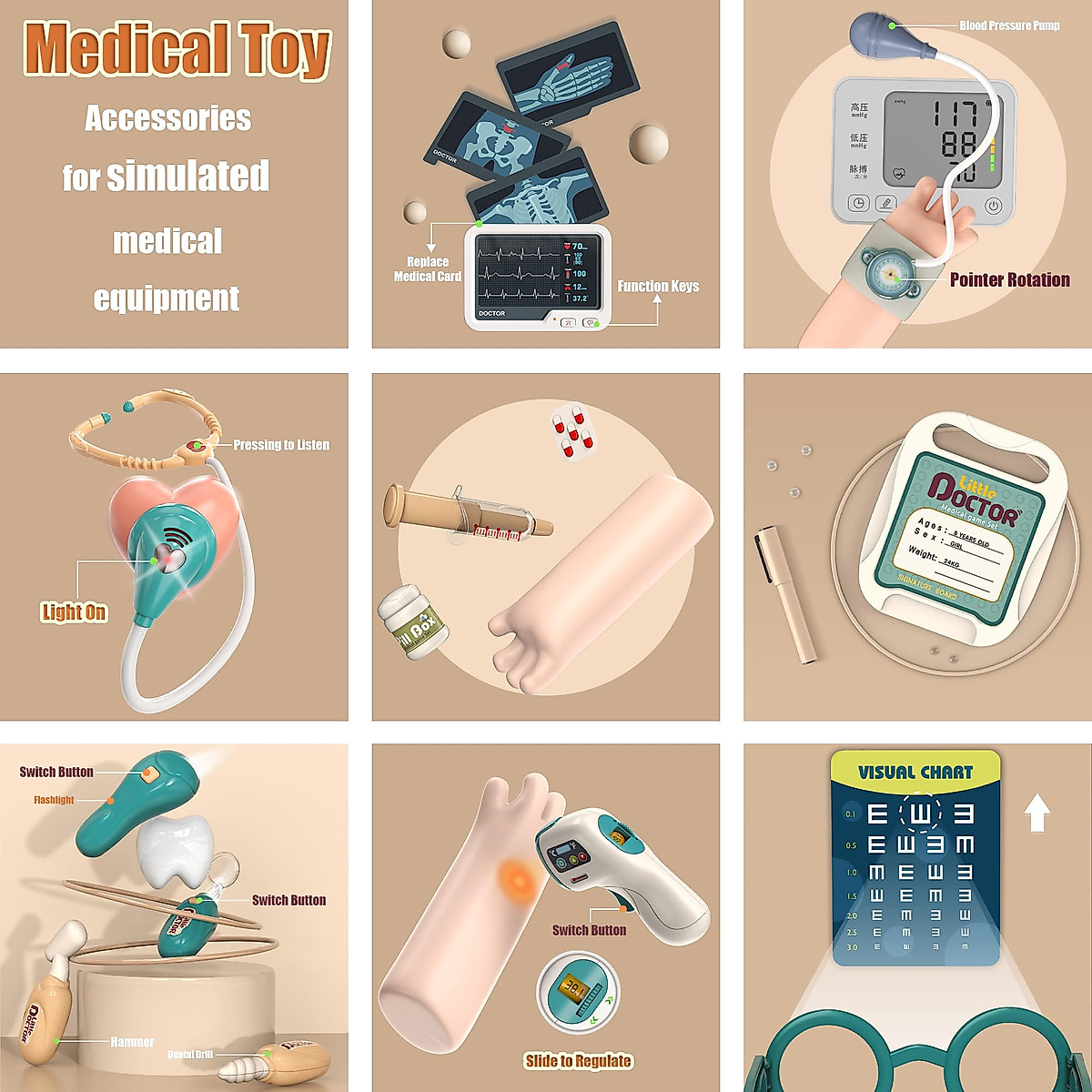 YGLOLRAME Doctor Kit for Kids 3-5 Years Old - 26 Piece Pretend Play Toys Toddler Mobile Medical Cart with Sound and Light Functions Veterinarian/Dentist Kit Perfect for Toddlers 3-5 Birthday Gift