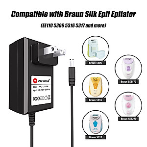 PKPOWER AC Adapter for Braun Silk Epil Lady Shaver Epilator EE110 5306 5316 5317, Power Supply for Braun Silk Epil 3 Perfection SE3170 SE3270 Pl-41-77 V-3 PI-41-77 V-3